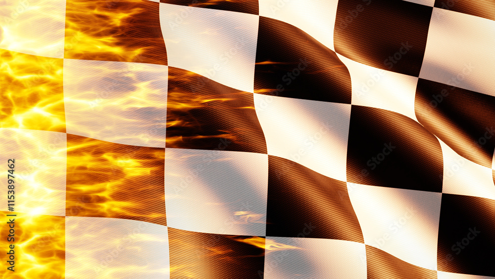 Stock-Foto „Racing flag on fire. Finish banner with flames. Racing flag ...