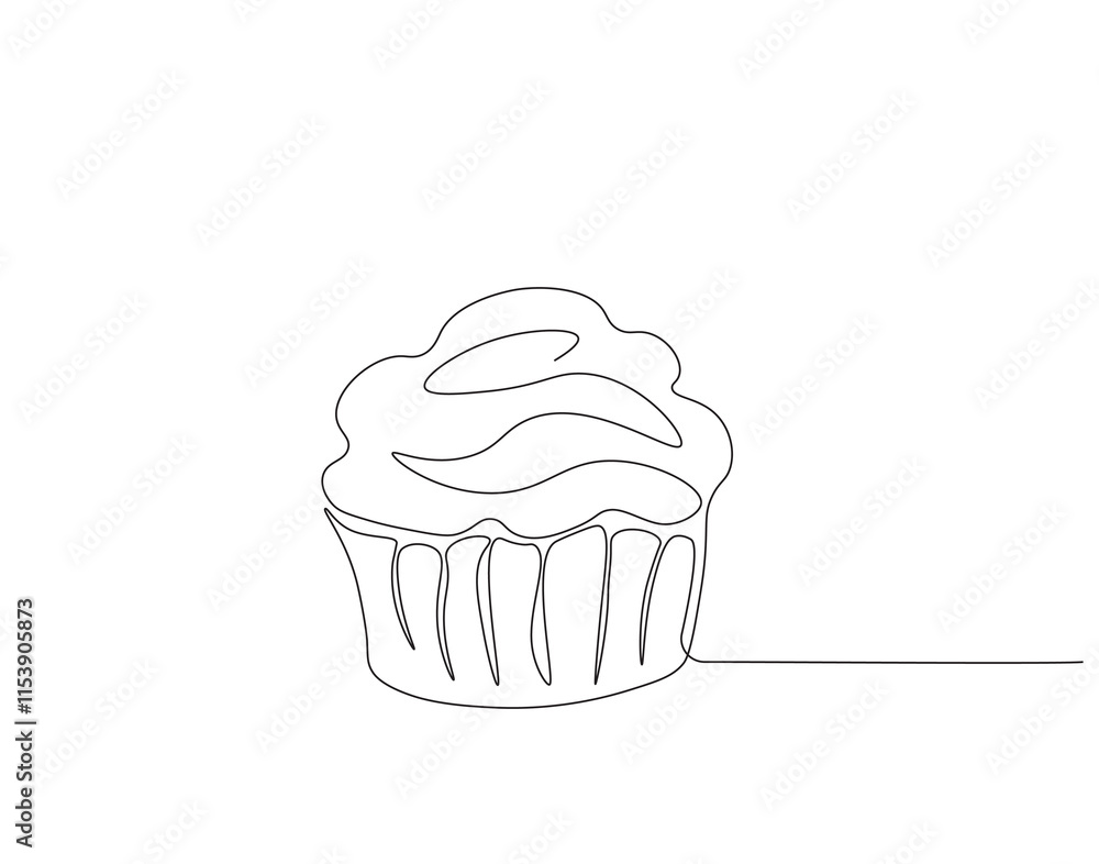 Continuous one line drawing of cup cake. One line drawing illustration of muffin cake. Pastry ...