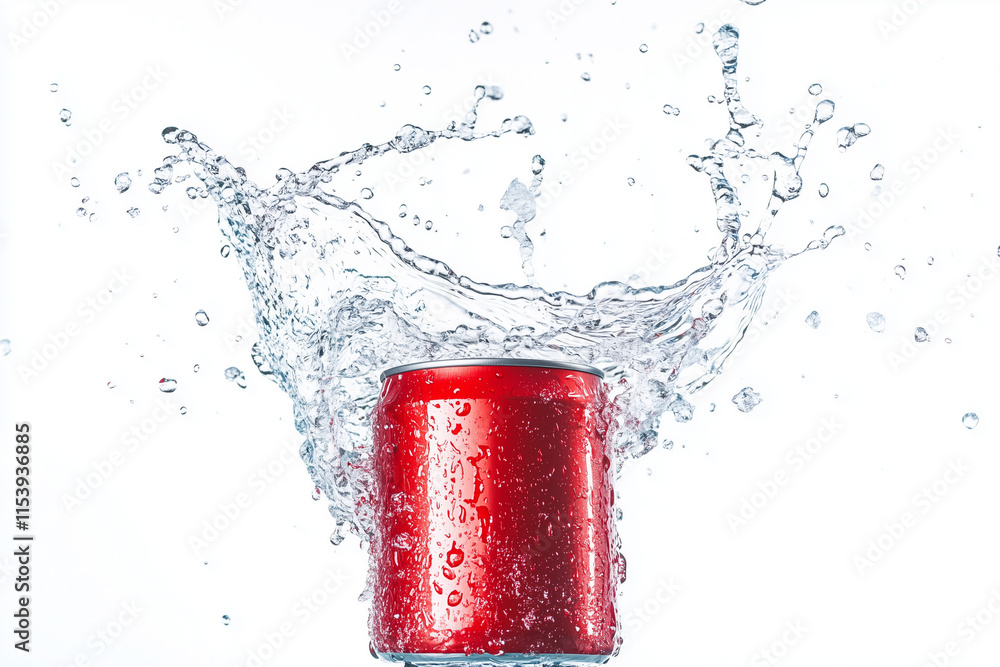 Red soda can drop into water with water splash isolated in white ...