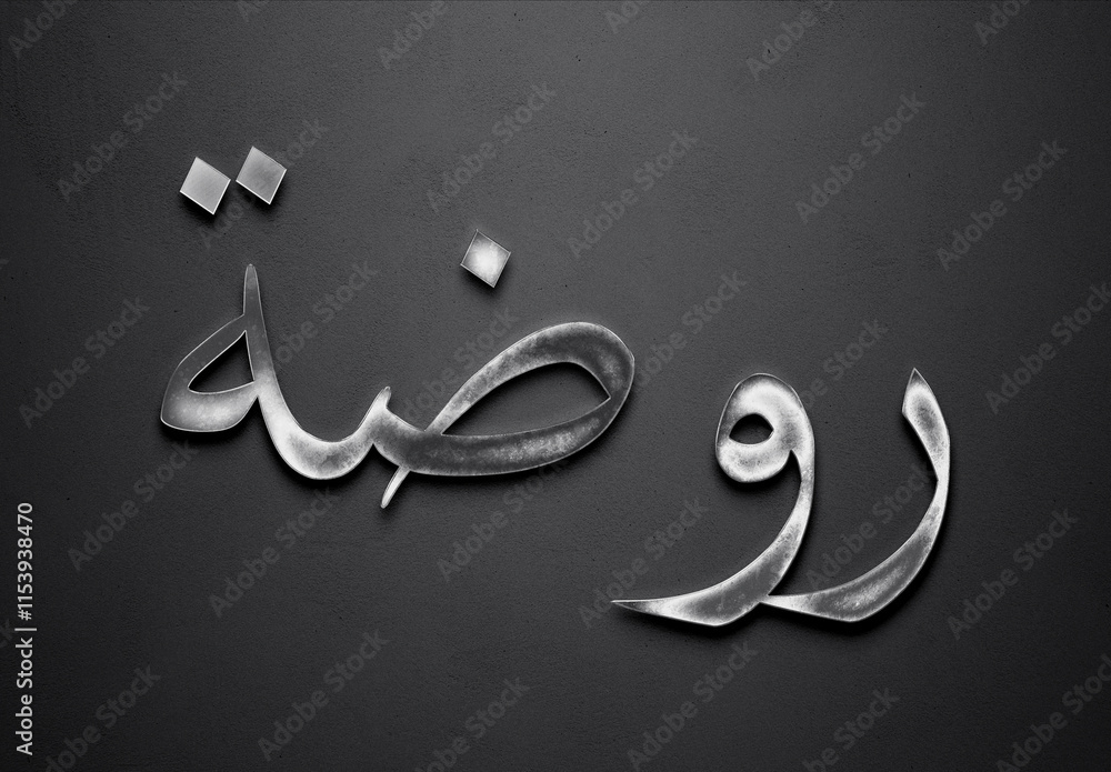 Chrome metal 3D Arabic name design of Rawda on grey background in ...
