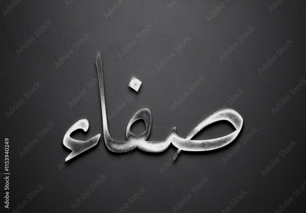 Chrome metal 3D Arabic name design of Safaa on grey background in ...