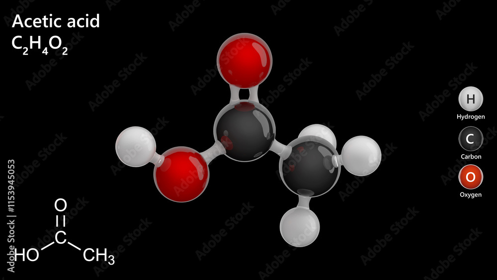 Acetic Acid or Ethanoic acid. E260 Food additive. Animated 3D model of a molecule. Molecular ...