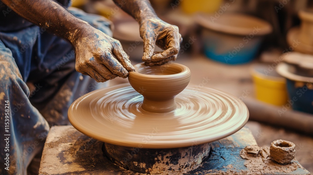 A vibrant pottery studio with pottery wheels and clay sculptures ...