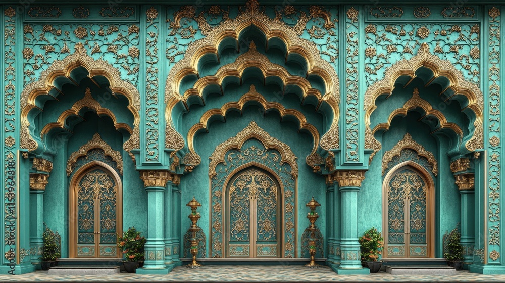 Teal ornate building facade with golden archways and doors. Stock Photo ...