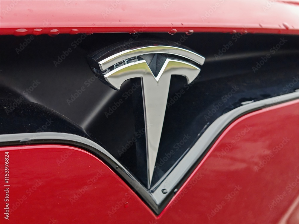 Prague,Czech Republic-October 9 2024: A close-up of the iconic Tesla ...