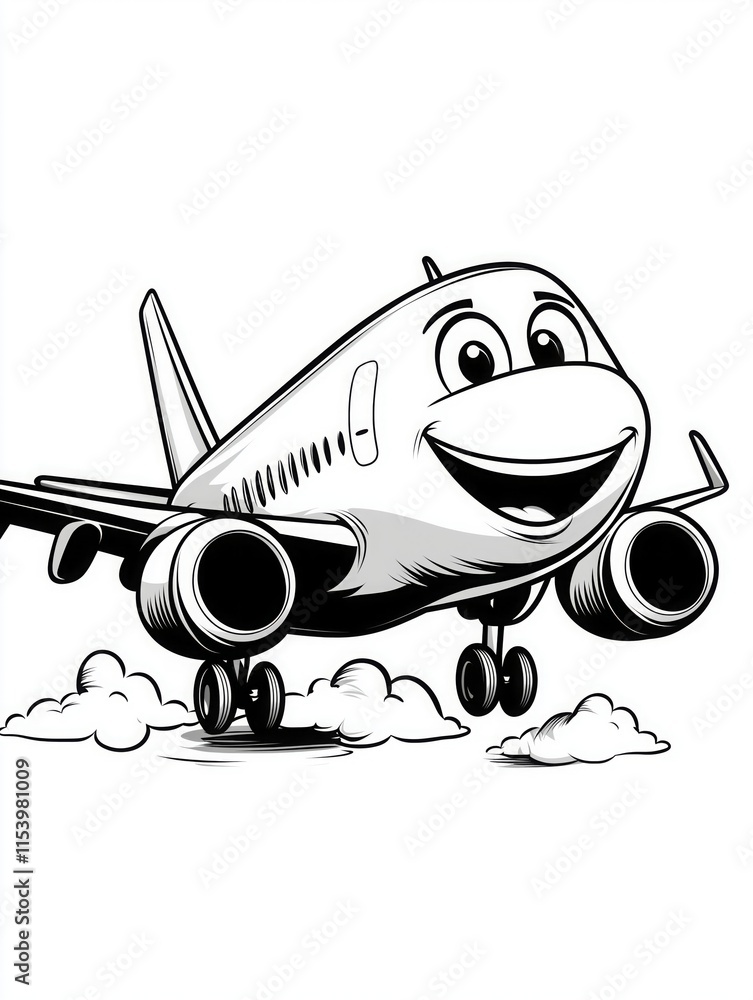 A cheerful airplane with a big smile is flying happily among soft ...
