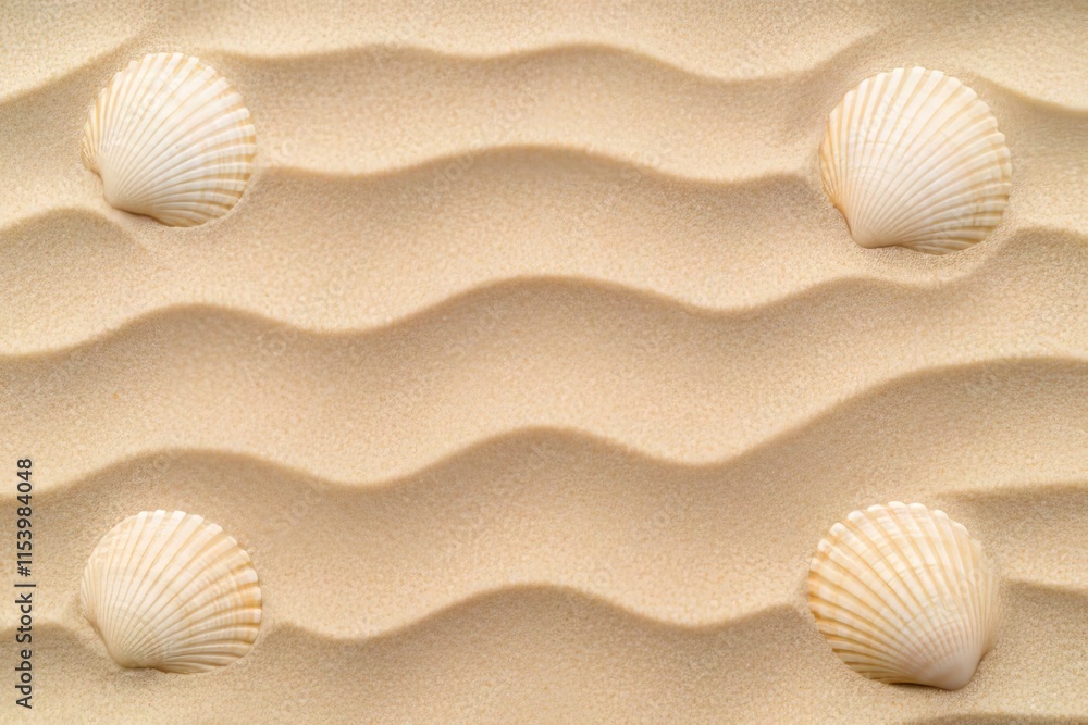 Seashells scattered on sun-warmed sand, close-up, detailed textures ...