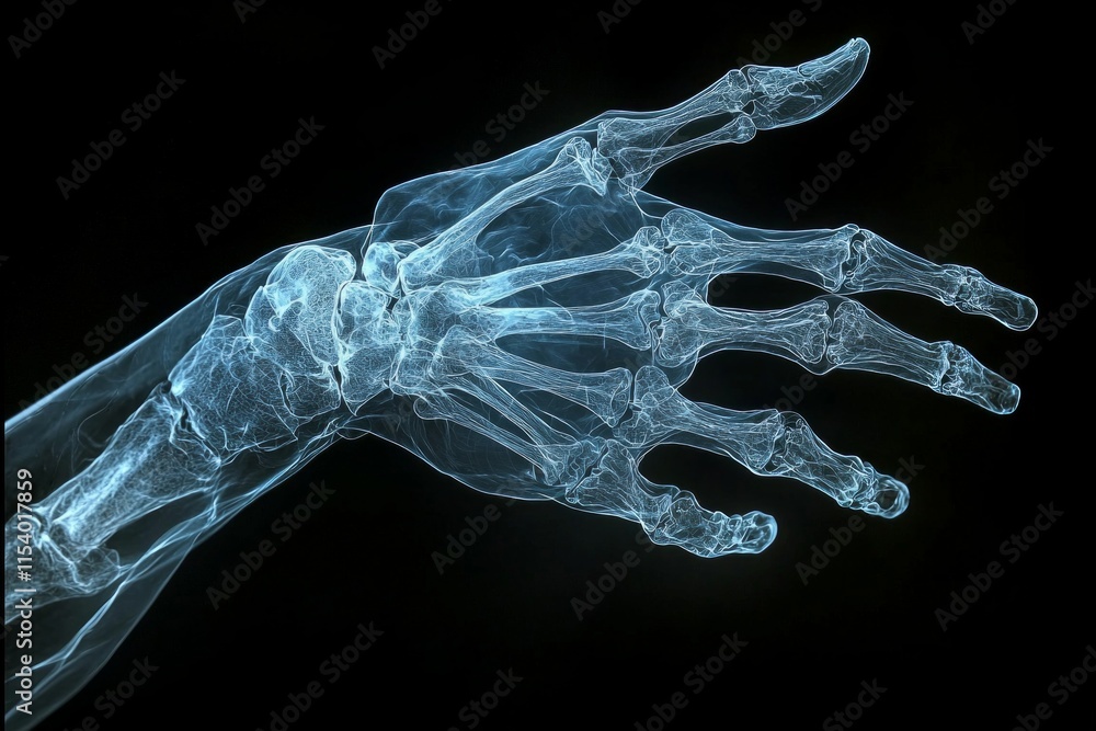 Detailed x ray reveals human arm fractured forearm bone. bright white ...