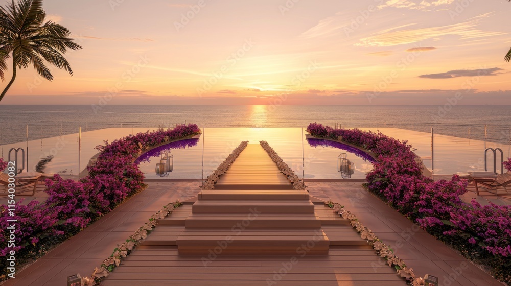 Sunset oceanfront wedding ceremony setup with infinity pool and floral ...
