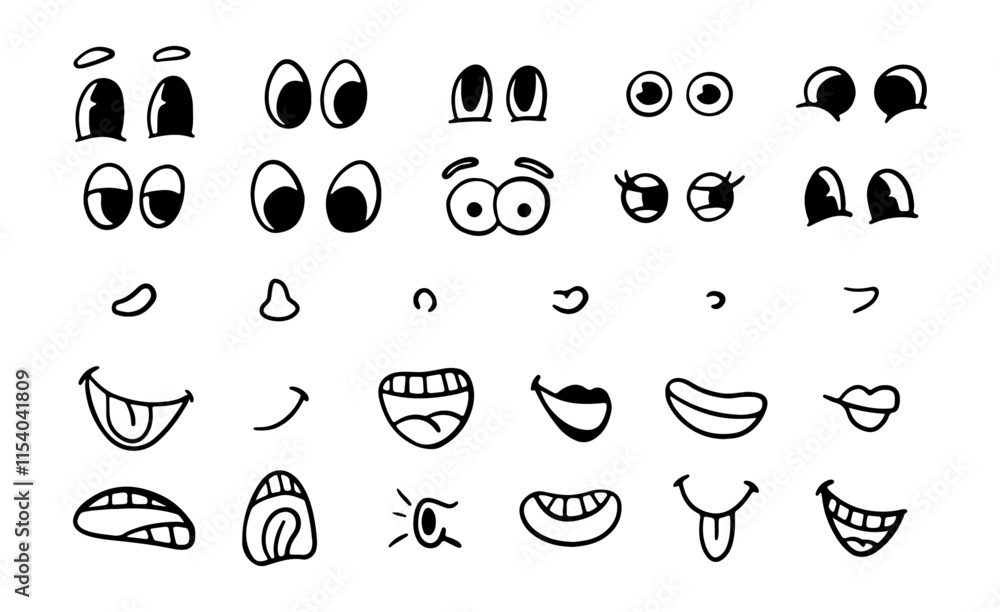 Hand drawn colorless doodle character facial parts and faces. Vector ...