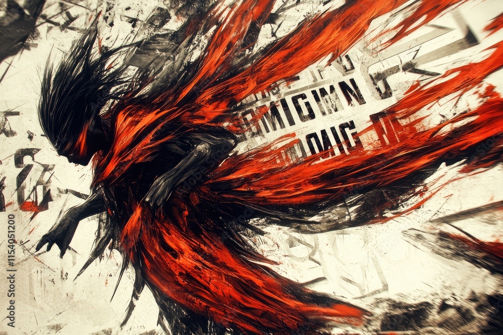 Abstract artwork featuring a dynamic figure with flowing red and black ...