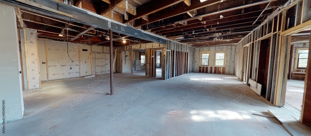 Room layout in a house under construction featuring exposed beams and ...