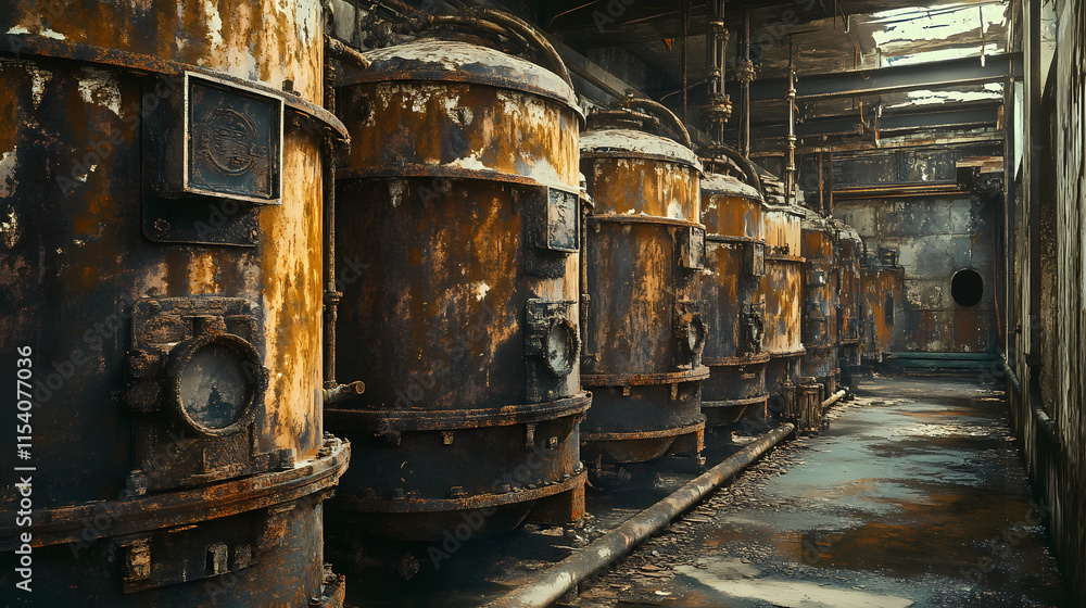 Rows of old rusty electrolytic cells or vats used in the zinc refining ...