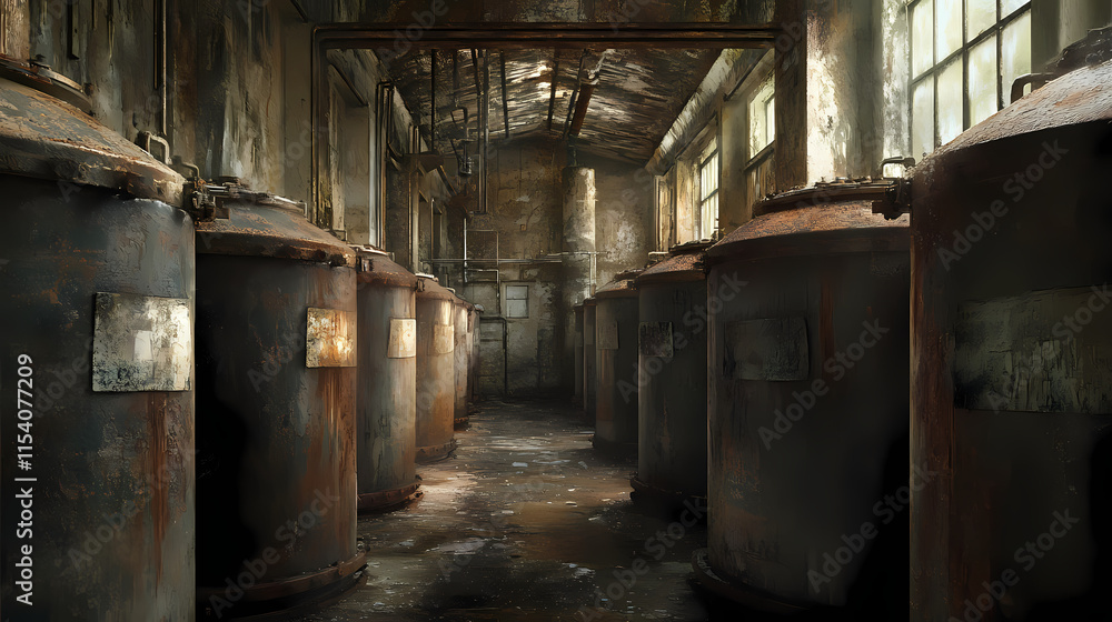 Rows of old rusty electrolytic cells or vats used in the zinc refining ...