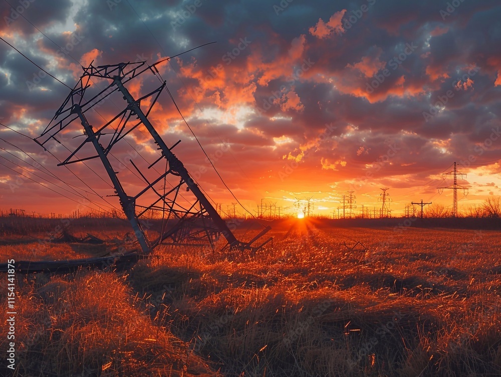 Toppled overhead downed power lines. electricity pylon high-voltage ...