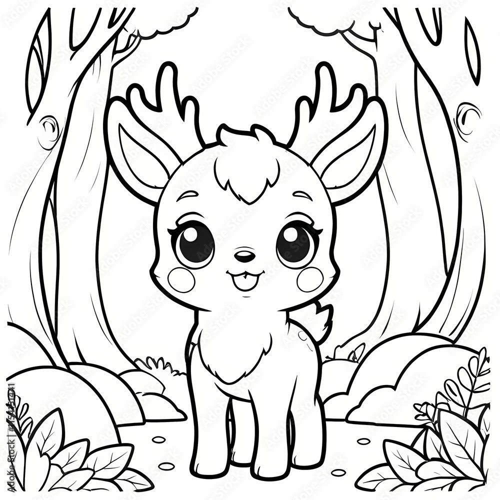 Cute Deer Coloring Pages For Kids. Deer Cartoon Coloring Book Printable ...