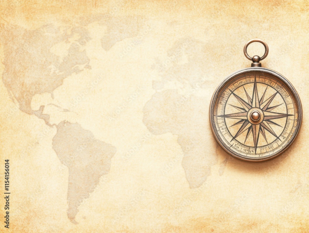 Vintage compass on aged parchment background with a world map outline ...