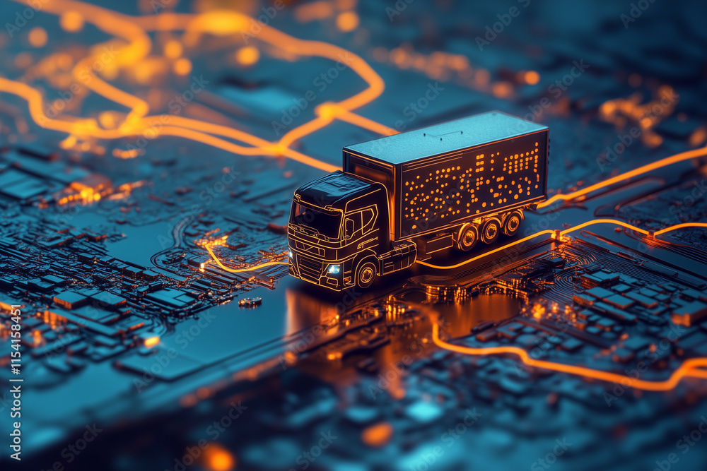 Miniature Truck on Digital Map with Glowing Route Lines for Logistics ...