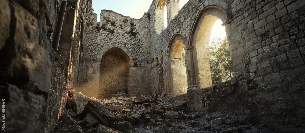 Ancient church ruins showcasing crumbling stone walls and sunlight ...