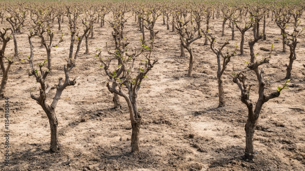 Leafless fig tree plantation in early spring with bare branches and dry ...