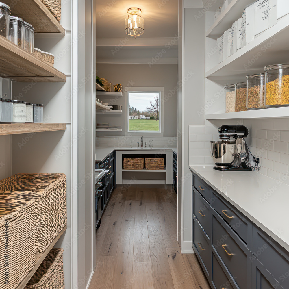 modern walk in pantry featuring organized shelves, glass jars, and ...