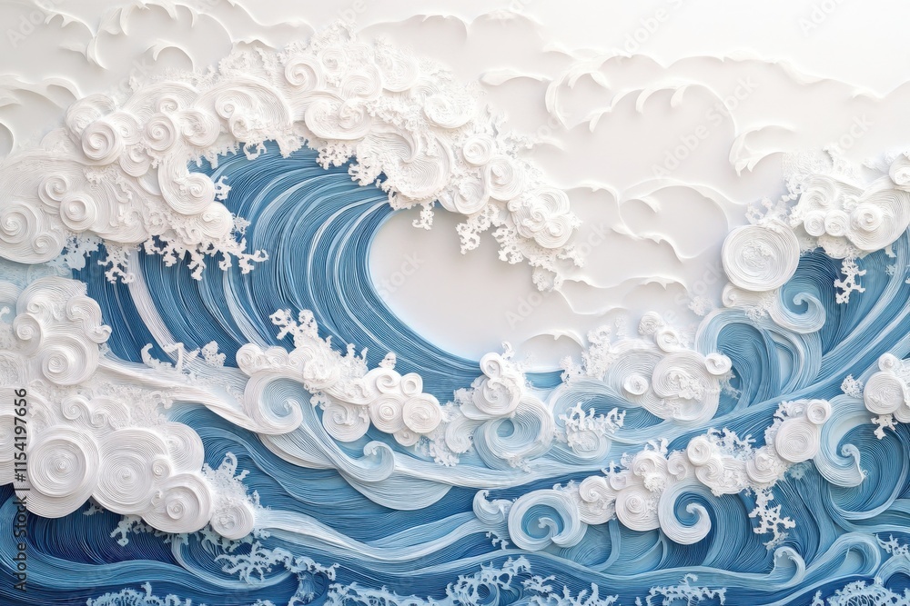 Ocean wave with foam and intricate sea patterns paper cutting ...