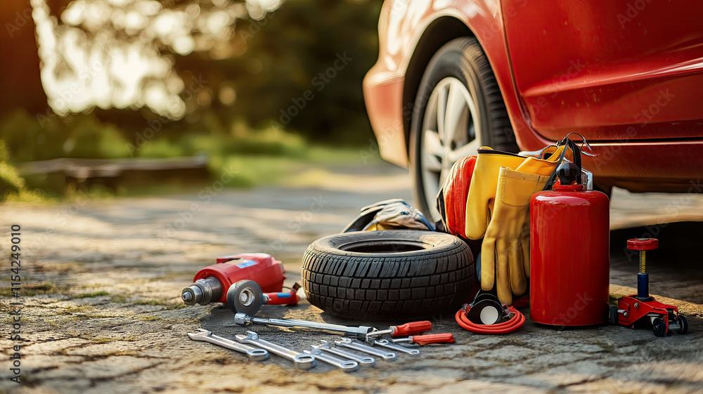 Car emergency travel kit neatly organized inside the trunk of a modern ...