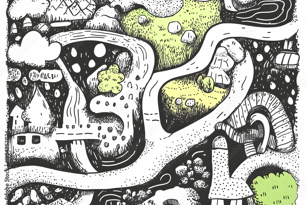 Whimsical hand-drawn map adventure landscape illustration, winding road ...