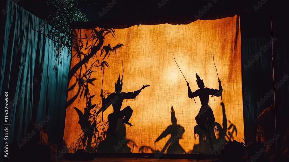 Shadow puppets perform a dramatic scene on a lit stage. Stock ...