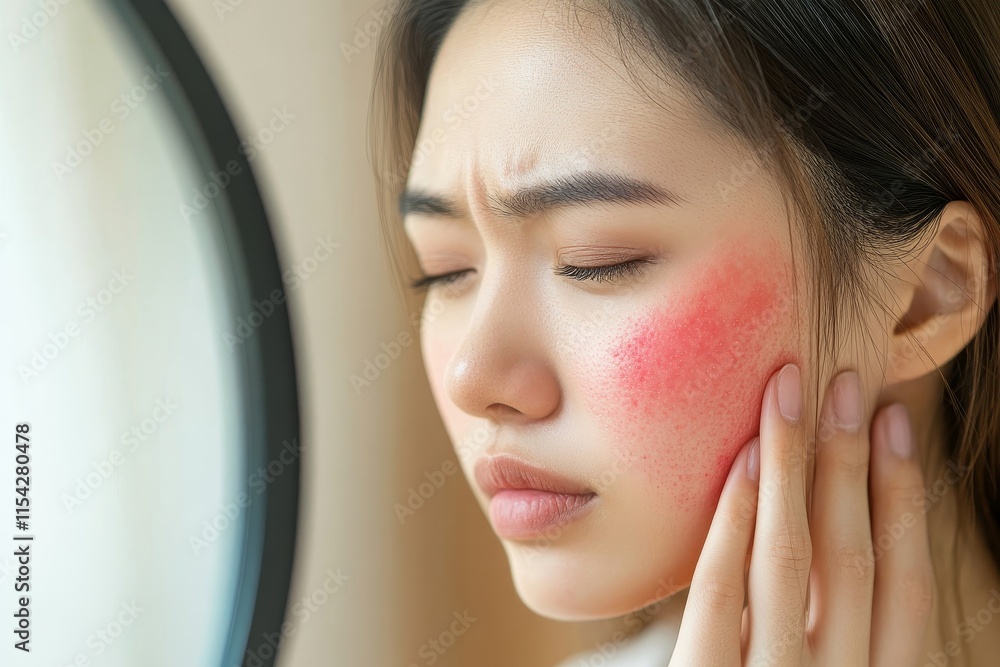 Asian young woman looking face skin in the mirror have a red rash on ...