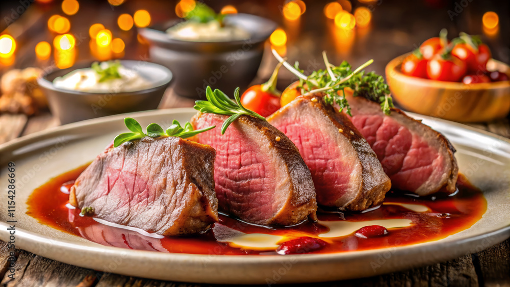 Stock-Foto „Alpaca meat cut, gourmet presentation, delicious flavor on ...