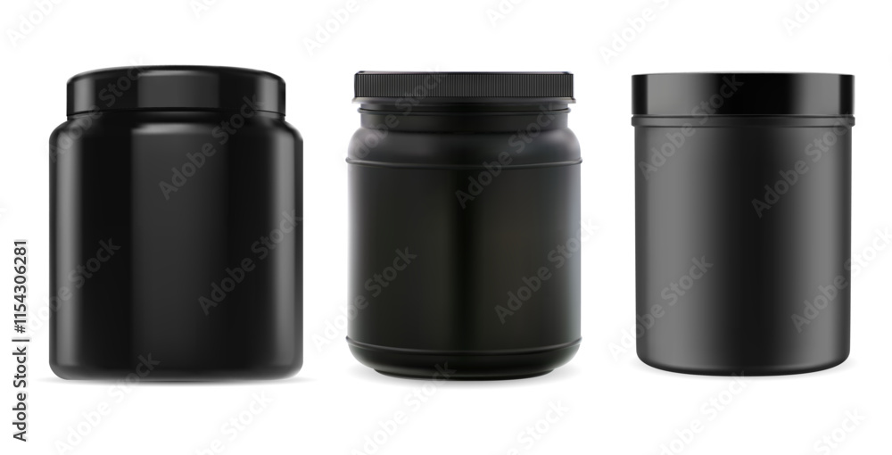Sport supplement, bcaa, whey protein bottle set. Black plastic jar ...