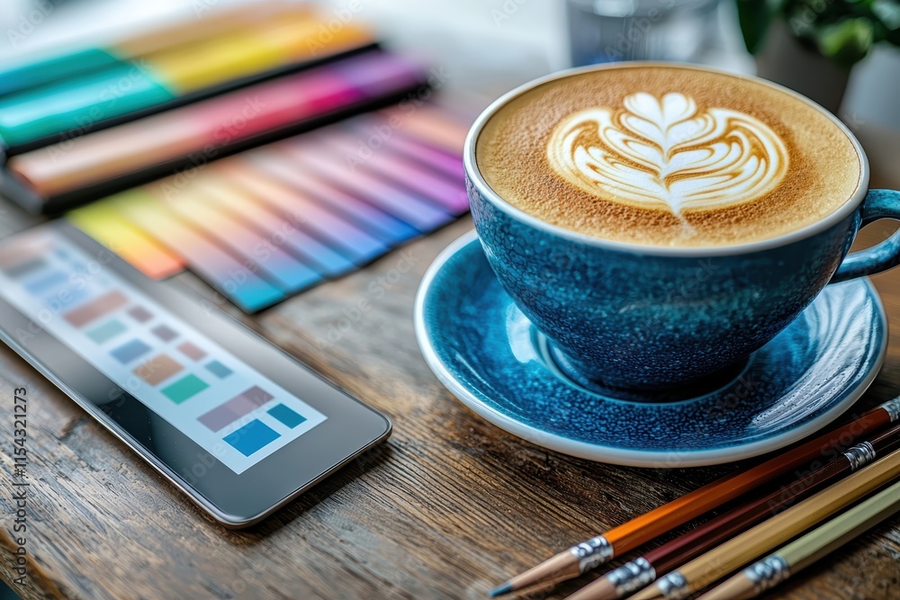 Minimalist workspace with coffee and color swatches home office high ...