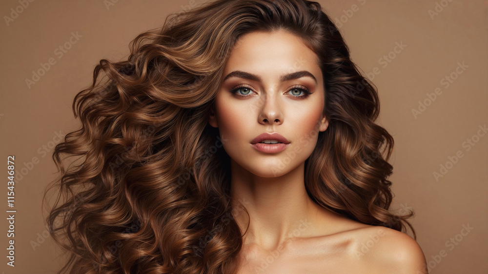 Beautiful Brunette Model Girl With Long Curly Hair Smiling Woman