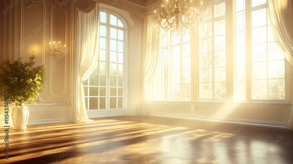 Elegant sunlit room with chandelier and classic decor, warm light ...