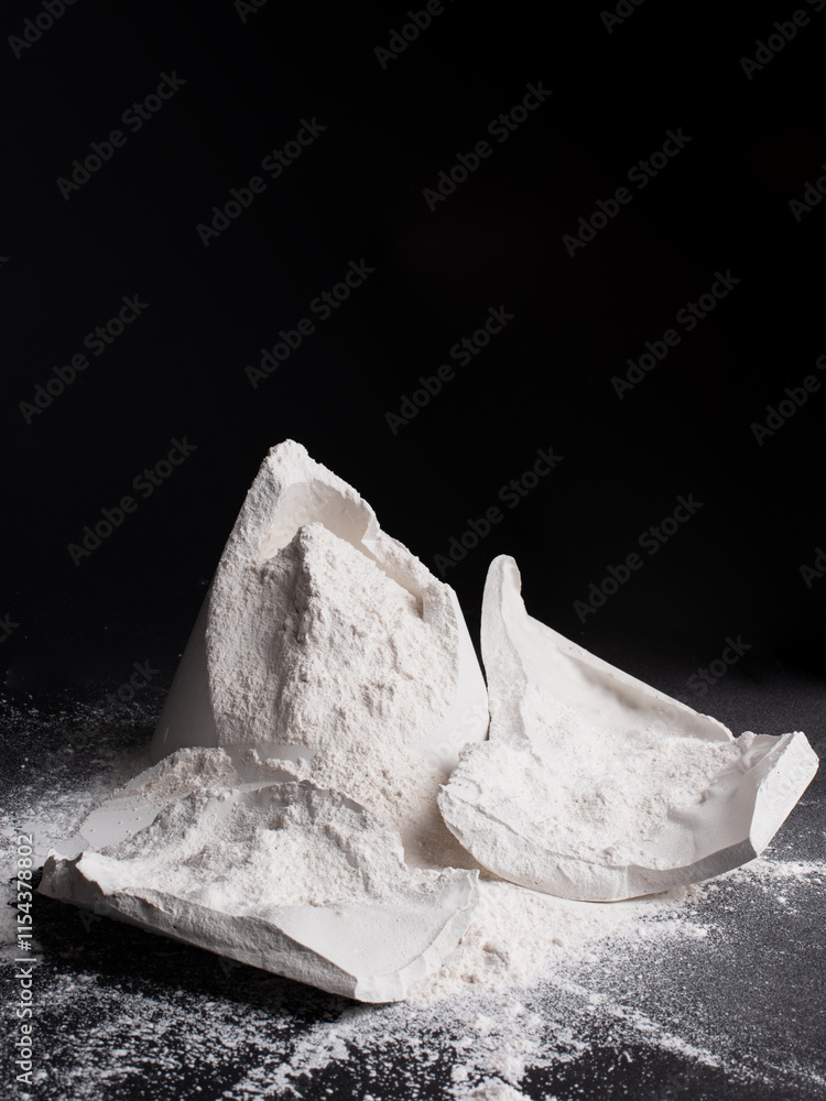 broken plaster figure with loose plaster on black background. for ...