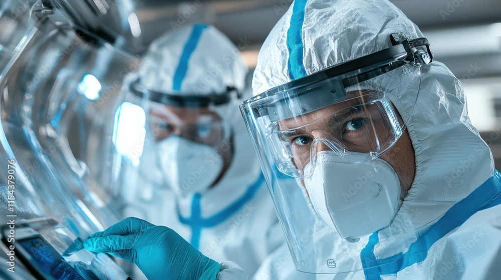 Two scientists wearing full personal protective equipment (PPE) and ...