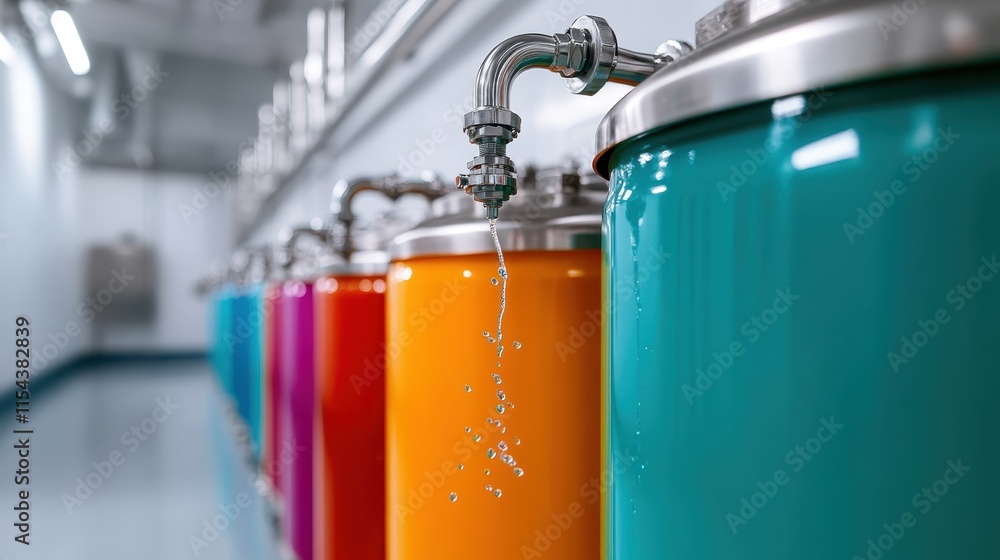 Cylindrical metal containers filled with a spectrum of vibrant colors ...
