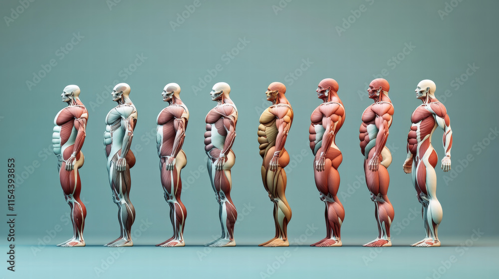 Anatomical models showcasing human muscle structure and development stages. figures display ...