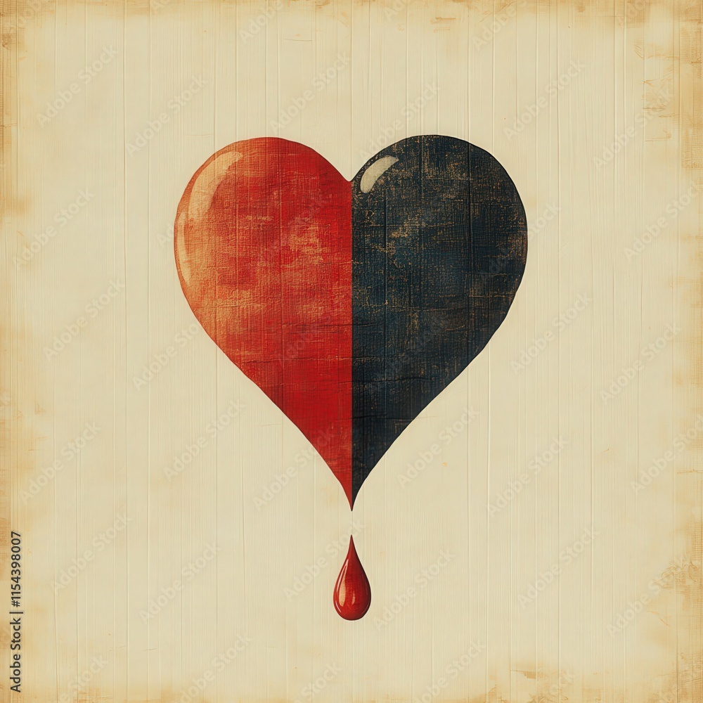 Artistic illustration of a heart split into red and black halves ...