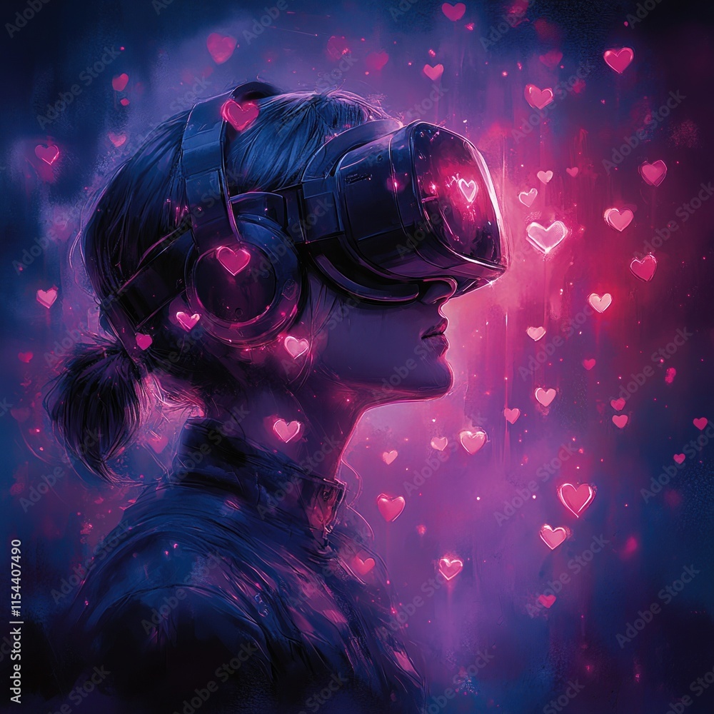 Romantic Virtual Reality Experience, Hearts Floating Around Woman in VR ...