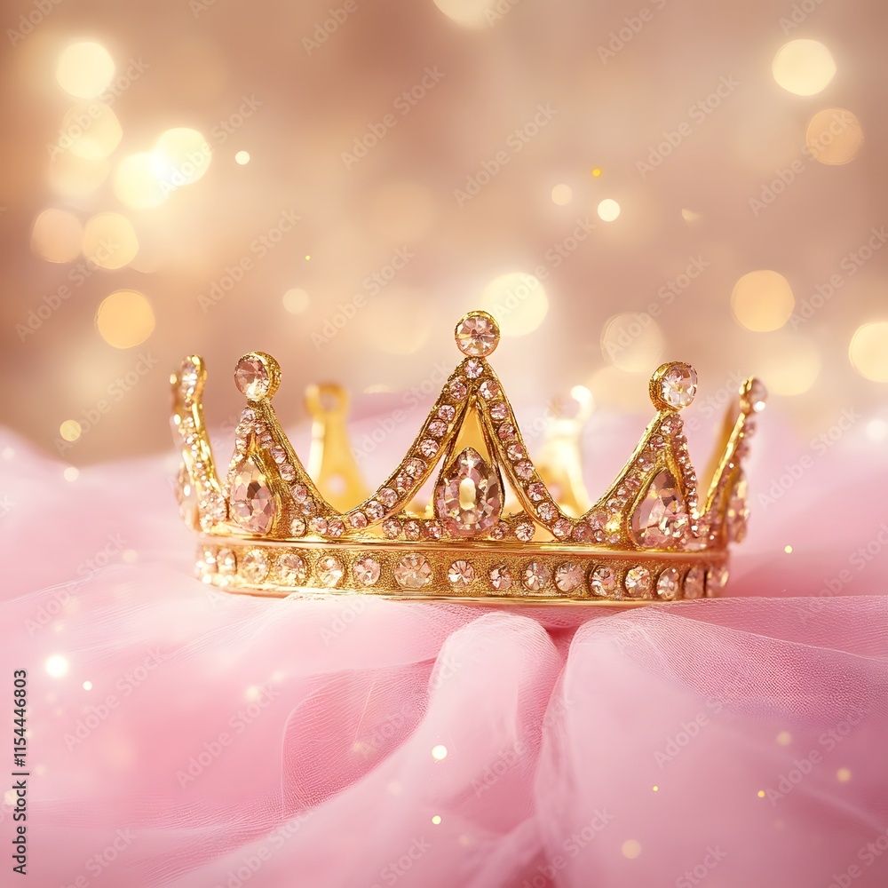 Princess birthday party: golden bedazzled princess crown on a pink ...