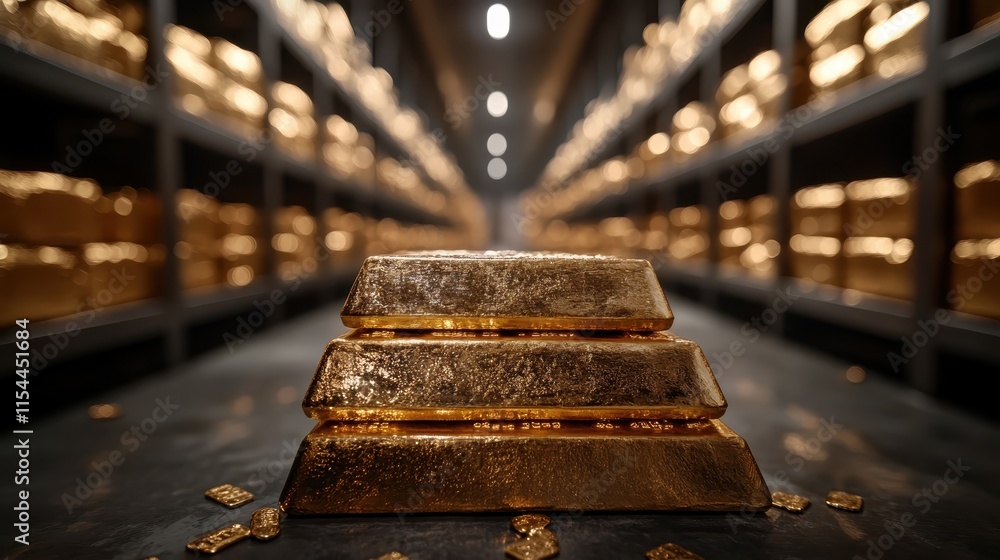 A row of neatly stacked gold bars glimmers inside a secure vault ...
