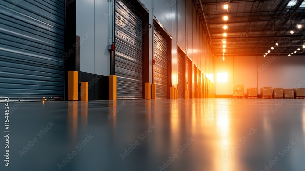 An expansive industrial loading dock illuminated by glowing lights ...