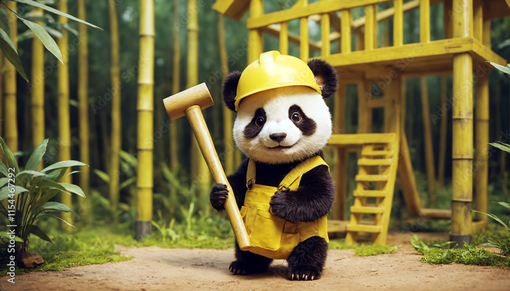 Architect baby panda is building a bungalow bamboo house with a toy ...
