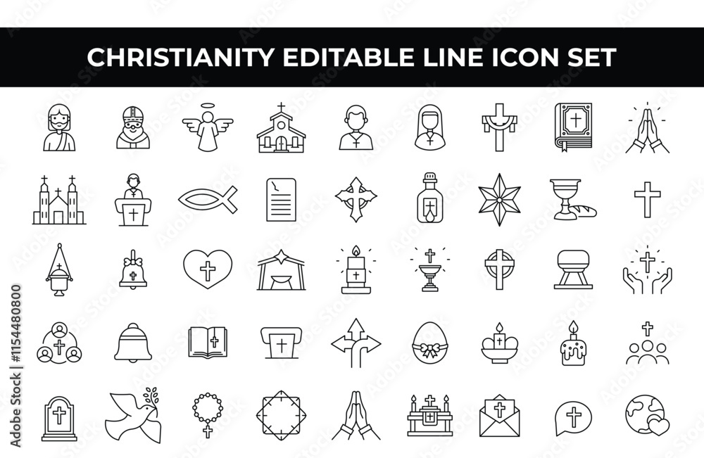 Christianity Icon Set featuring editable line icons of crosses ...