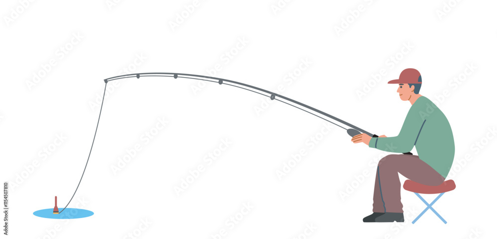 Flat cartoon vector illustration of a fisherman sitting on a stool ...