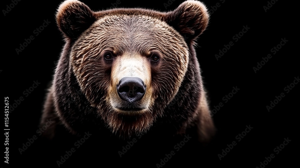 Monochrome front-facing portrait of Kamchatka brown bear, intense focus ...