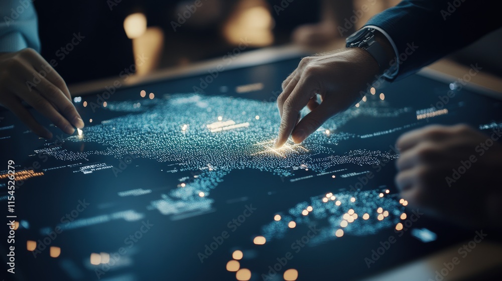 Collaborative Hands Engaging with a Digital Map Interface, Displaying ...