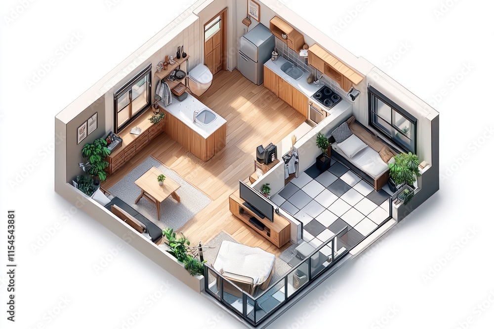 interior floor plan in 3D, designed in isometric view with a ...